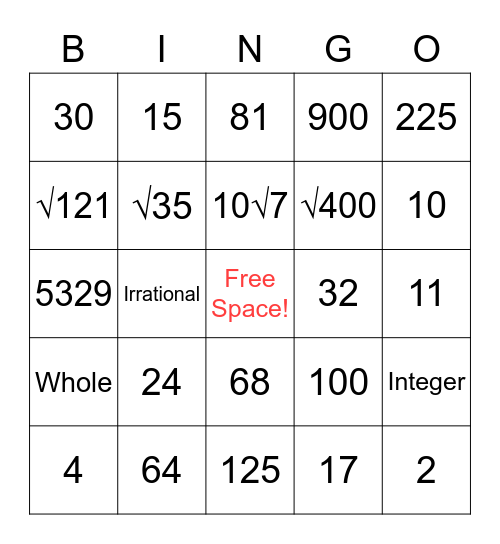 Square Root Bingo Card