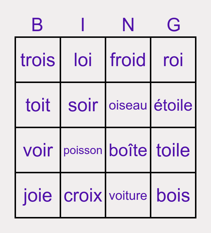 Bingo des mots avec 'OI' Bingo Card