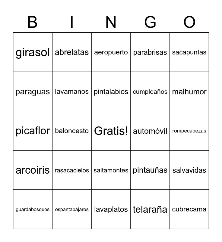 PALABRAS COMPUESTAS Bingo Card