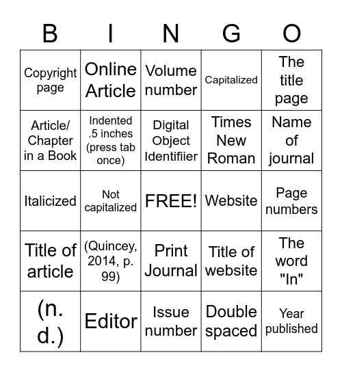 APA Bingo! Bingo Card