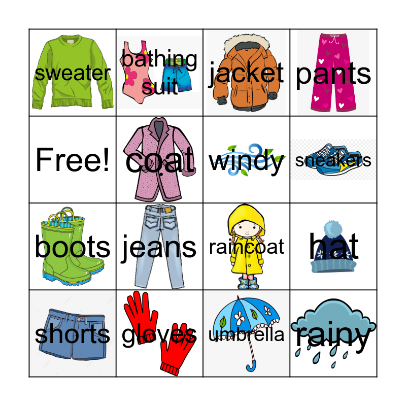 Dress for the Weather - Vocab 2 Bingo Card