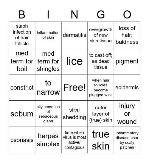 Integumentary System Bingo Card
