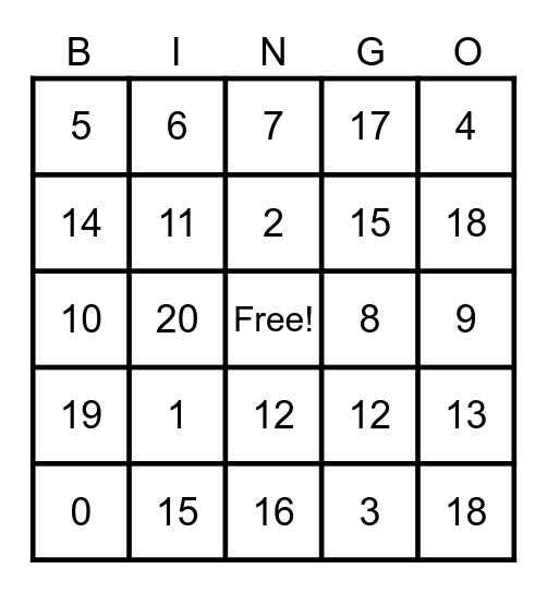 Number Identification Bingo Card