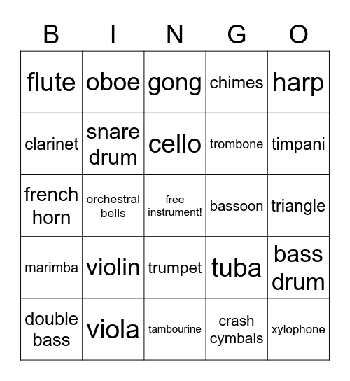 Orchestral Instrument Bingo! Bingo Card