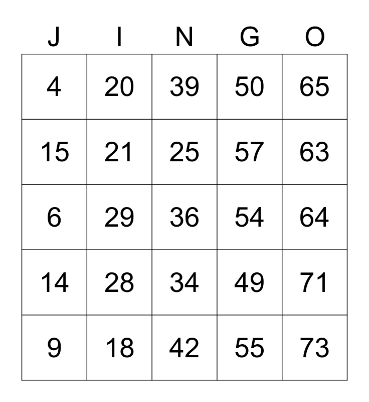Number Bingo 1-75 Bingo Card