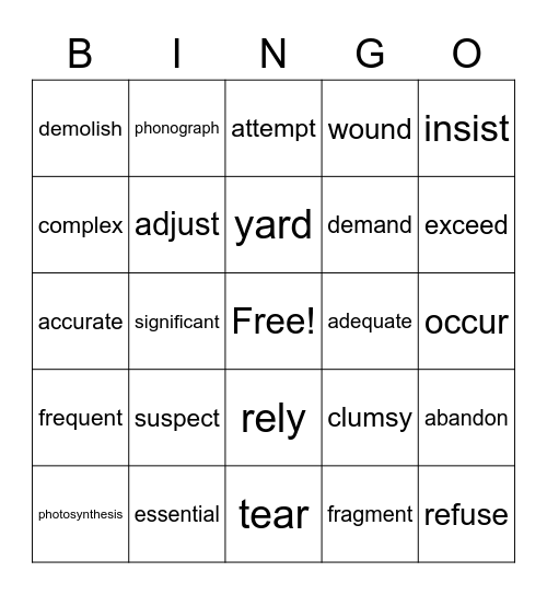 Vocab Bingo Card