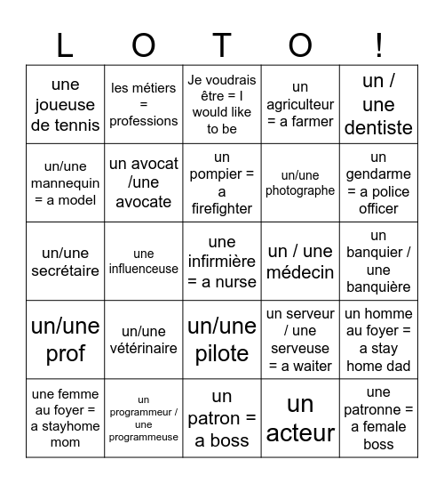 Les Professions / les métiers Bingo Card