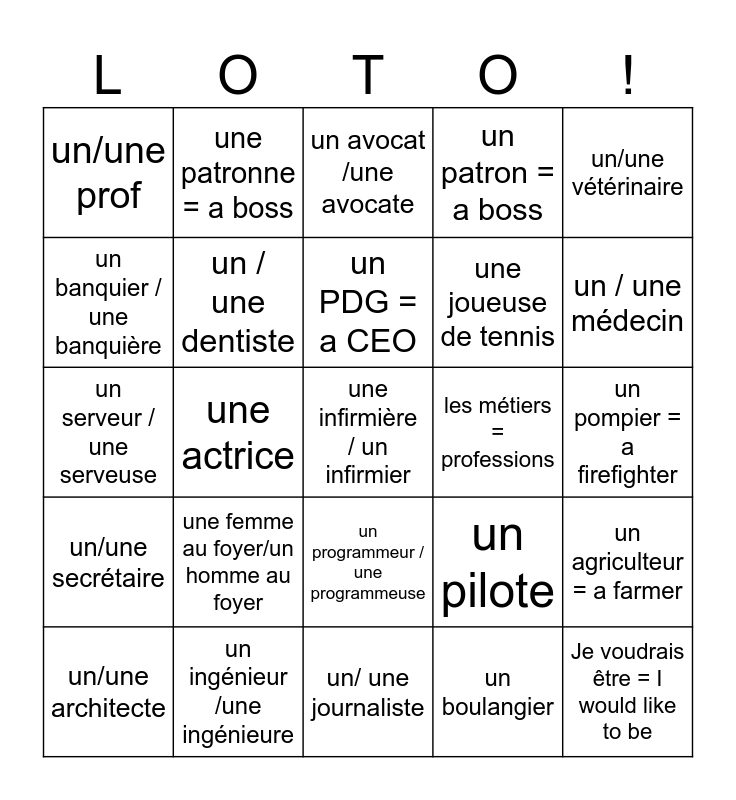Les Professions / les métiers Bingo Card
