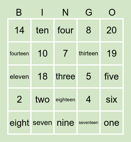 Numbers 1-20 Bingo Card