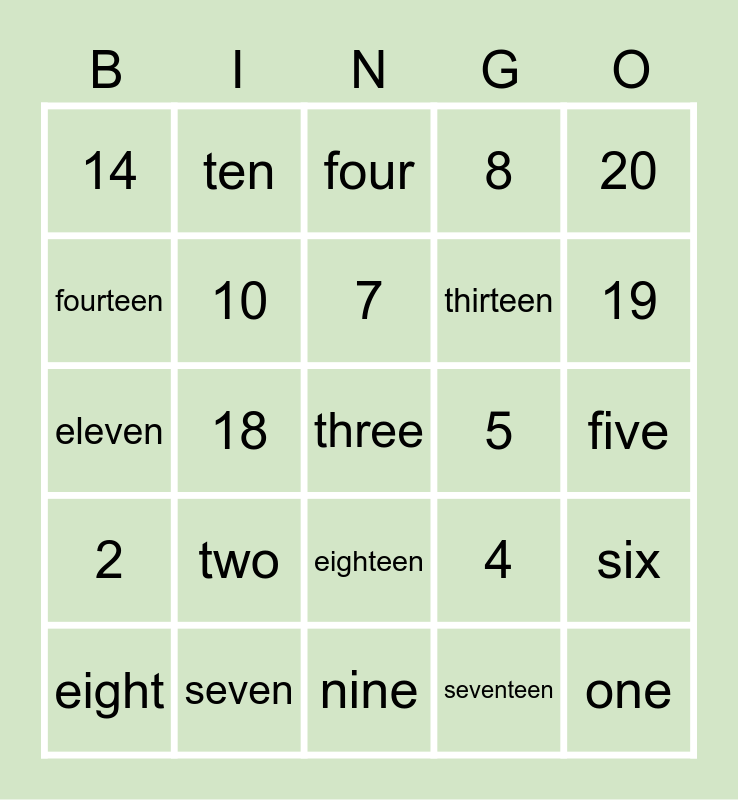 Numbers 1-20 Bingo Card