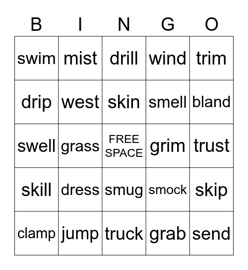 R Blends, S Blends, Final Consonant Blends Bingo Card