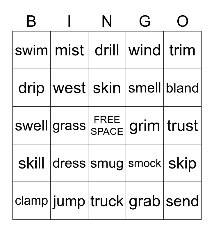 R Blends, S Blends, Final Consonant Blends Bingo Card