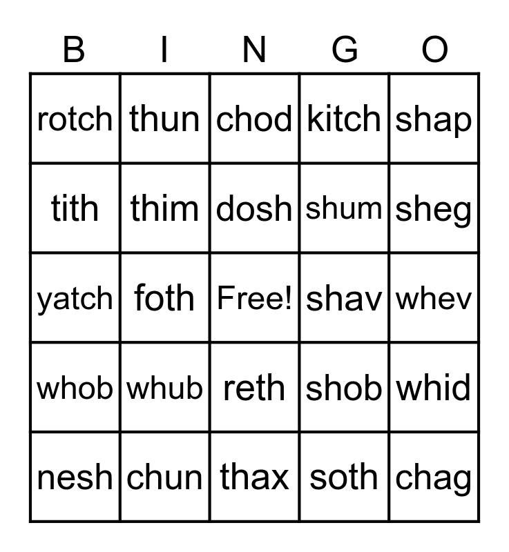 Nonsense Words with Digraphs Bingo Card
