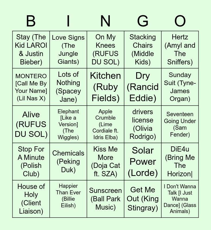 Triple J Hottest 100 Bingo Card