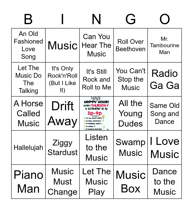 "Music" (About music or the word music) Bingo Card