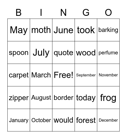 1st Grade Spelling Words January Bingo Card