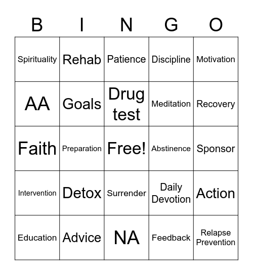 SUBSTANCE ABUSE RECOVERY BINGO Card