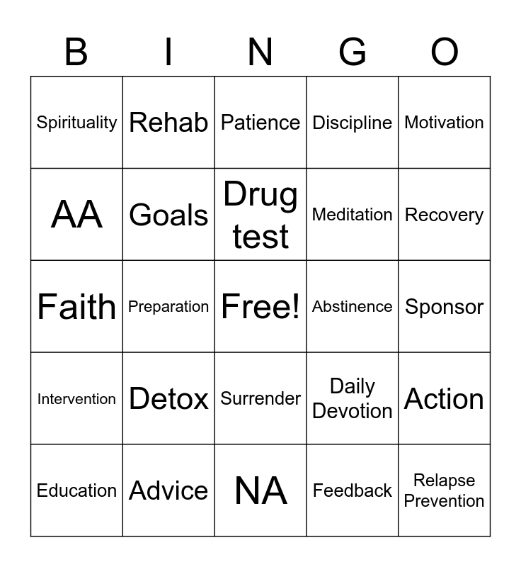 SUBSTANCE ABUSE RECOVERY BINGO Card