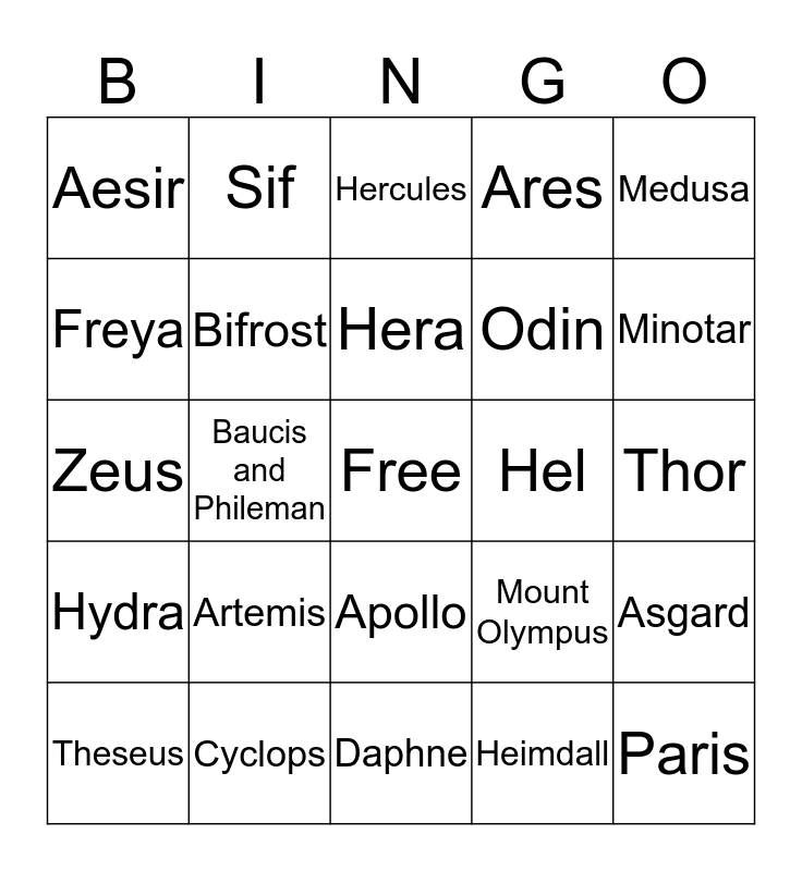 Greek and Norse Mythology Bingo Card