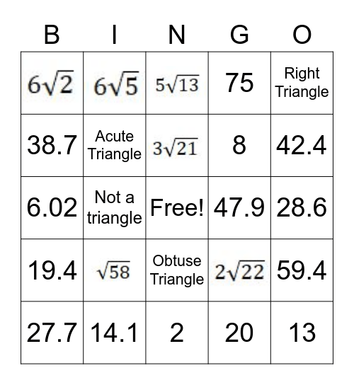 Pythagorean Theorem BINGO Card