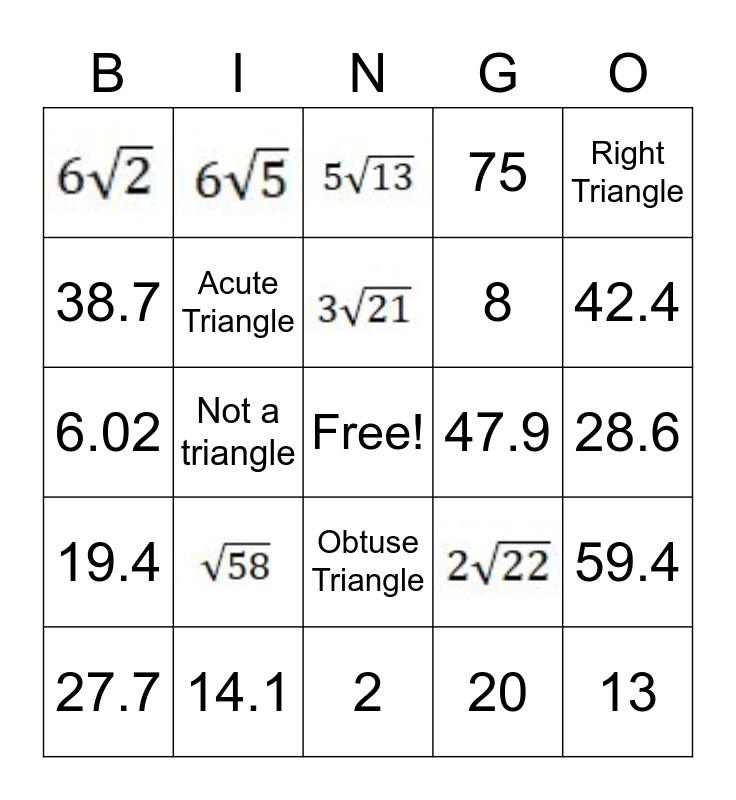 Pythagorean Theorem BINGO Card