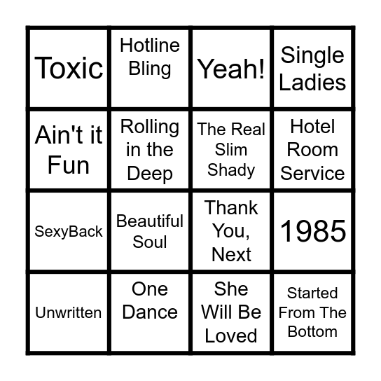 2000's Pop Music Bingo Card