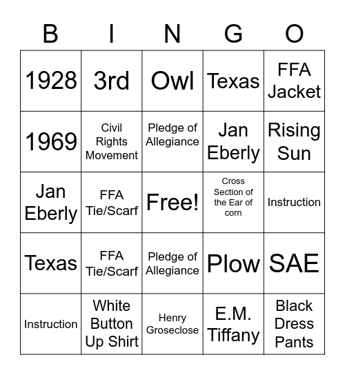 FFA Bingo Card