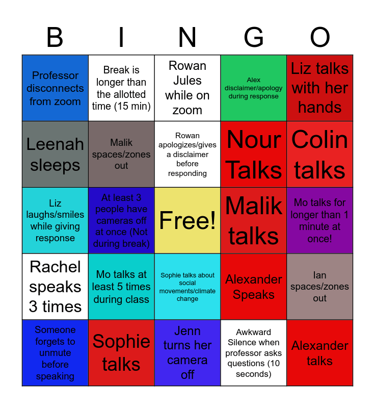 ZOOM CLASS Bingo Card