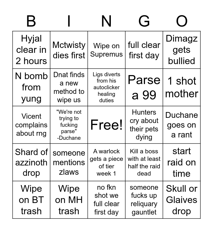 Week 1 Shit Show Bingo Card