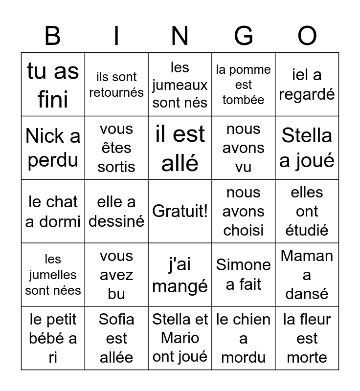 Passé composé Bingo Card