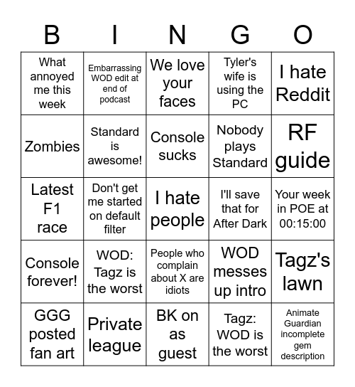 Forever Exiled Podcast Bingo Card