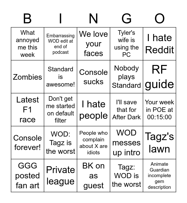 Forever Exiled Podcast Bingo Card