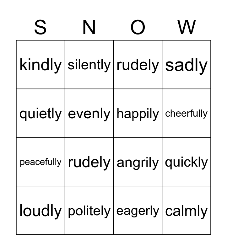 Adverb Bingo! Bingo Card