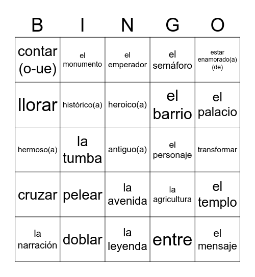 Avancemos 2 - Unit 4 Vocabulario (Text) Bingo Card