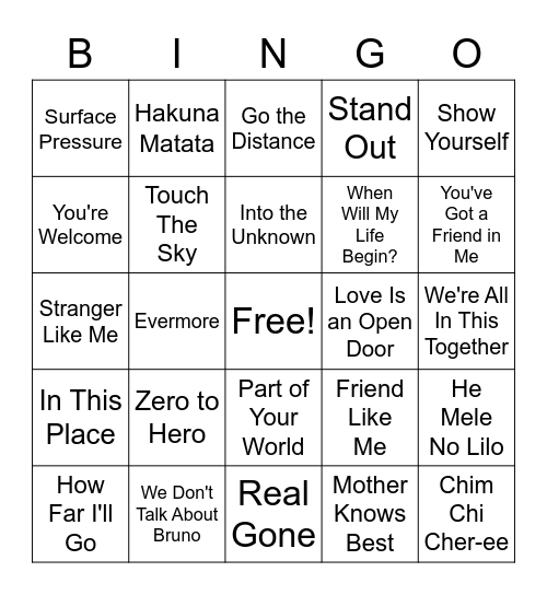 Disney Music Bingo Card