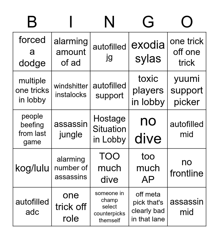 League Lobby Bingo Card