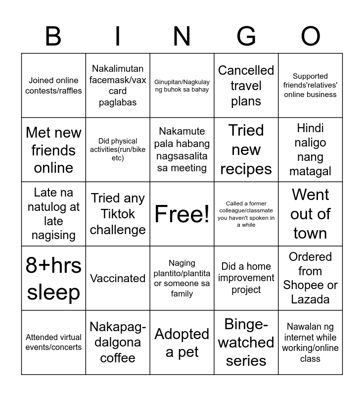 Pandemic BINGO Card