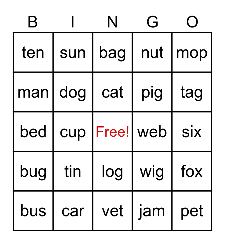 CVC WORDS BINGO Card