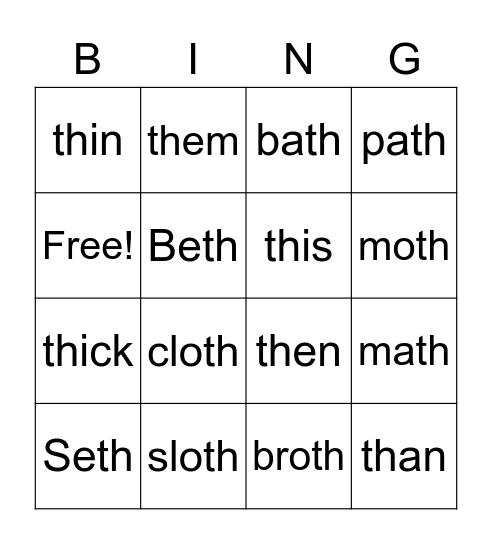 Digraph th Bingo Card