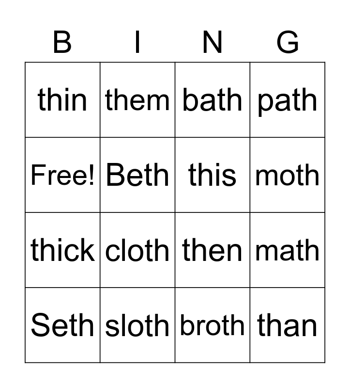 Digraph th Bingo Card
