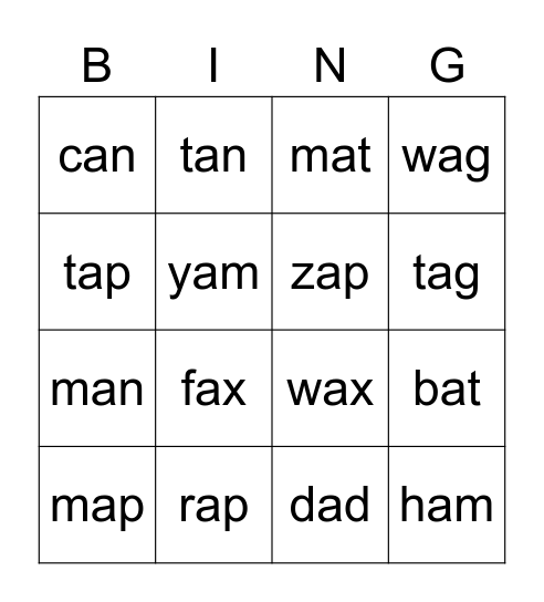 CVC (short a) Bingo Card