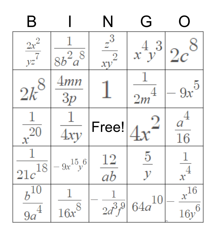 Law of Exponents Bingo Card