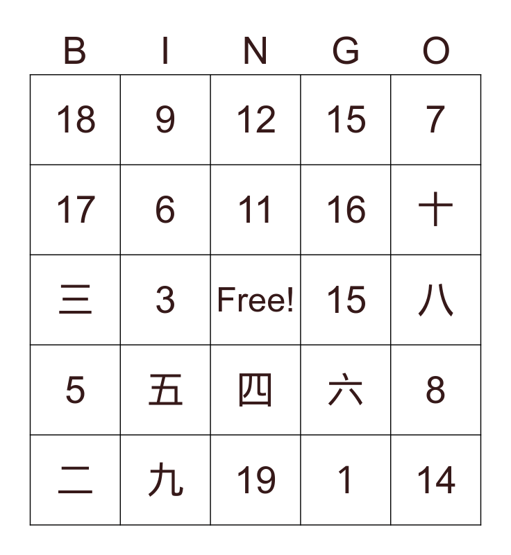 Japanese Numbers Bingo Card
