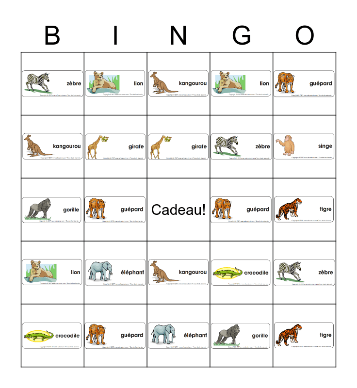 Les animaux du zoo Bingo Card
