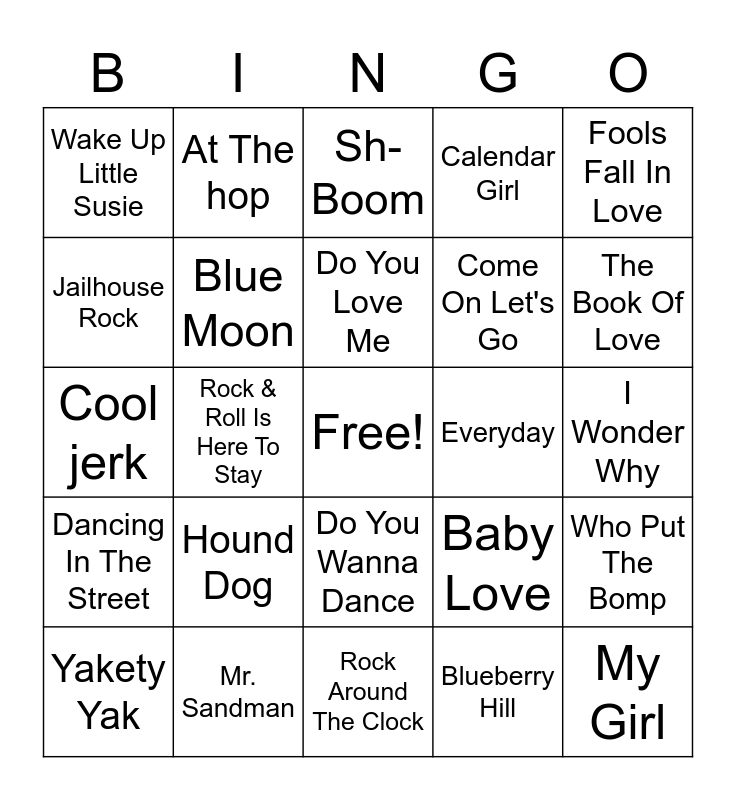 Sock Hop Bingo Card