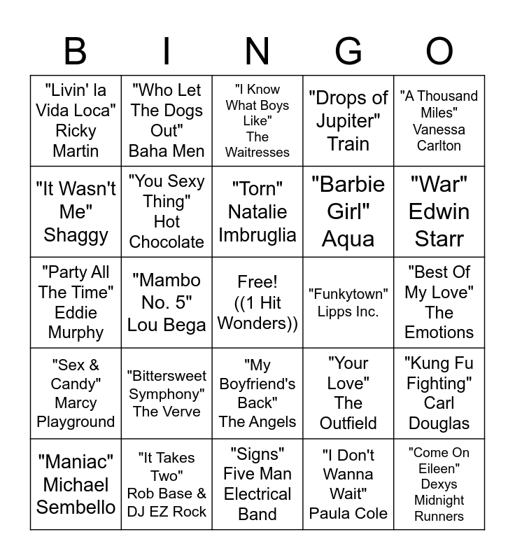 One Hit Wonders Bingo Card