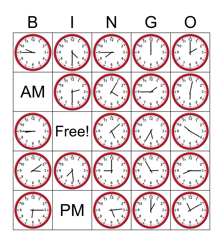 Telling Time on An Analog Clock Bingo Card