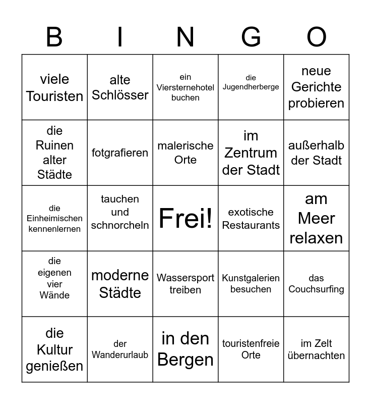 Thema: Reisen Bingo Card