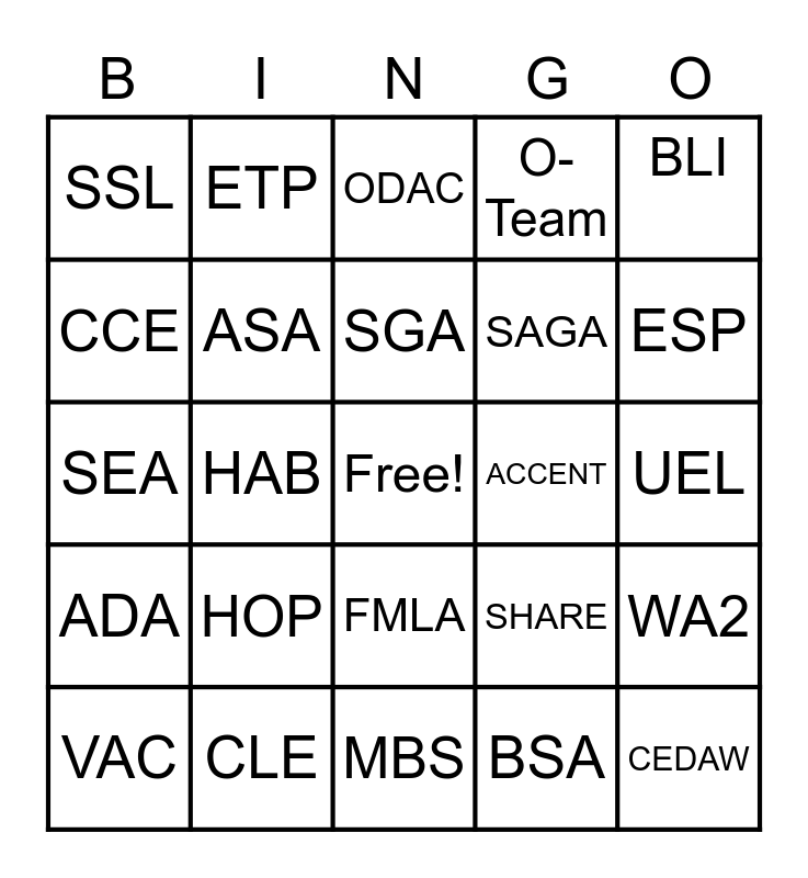 Hollins Acronym Bingo #3 Bingo Card