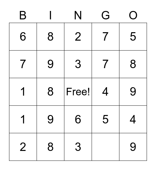 Numbers 1 - 9 Bingo Card